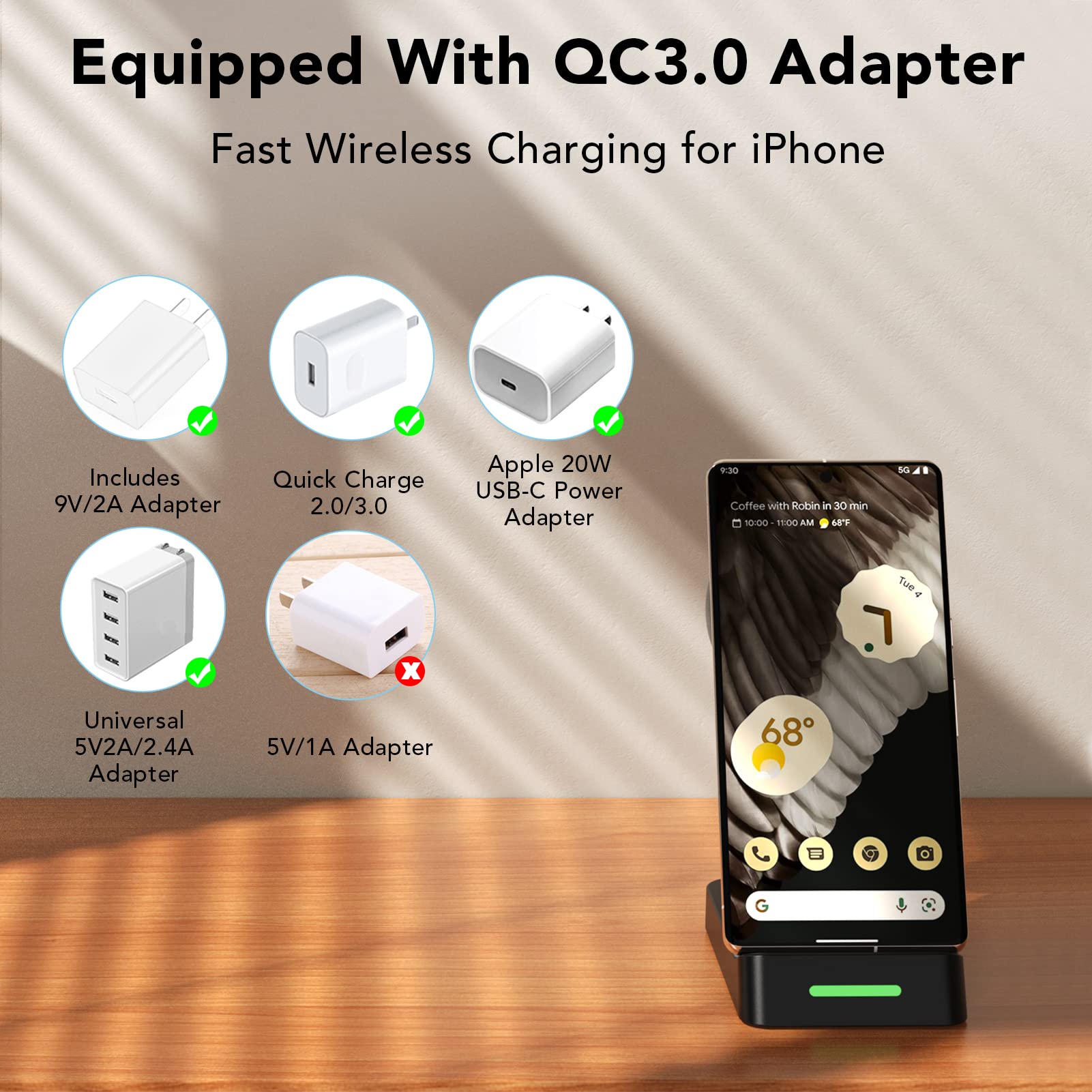 EloBeth Wireless Charging Station, 3 in 1 for Google Pixel Products, QC3.0 18W, Compatible with Pixel 8 Pro/8/7 Pro/7/Fold/6/6 Pro/5/4/3/XL, Watch, Buds Pro, iPhone/Airpods (not Watch 2)