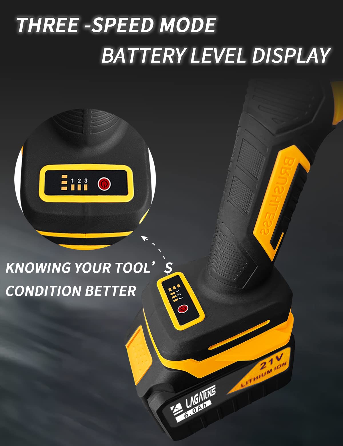 LAGATUNS Cordless Angle Grinder,Cordless Grinder w/21V 6.0Ah Li-Ion Battery & Charger,Brushless Motor, 4-1/2'' Blade, Quick-Change Wheel Guard, 2-Position Handle, Battery Grinder Tool set