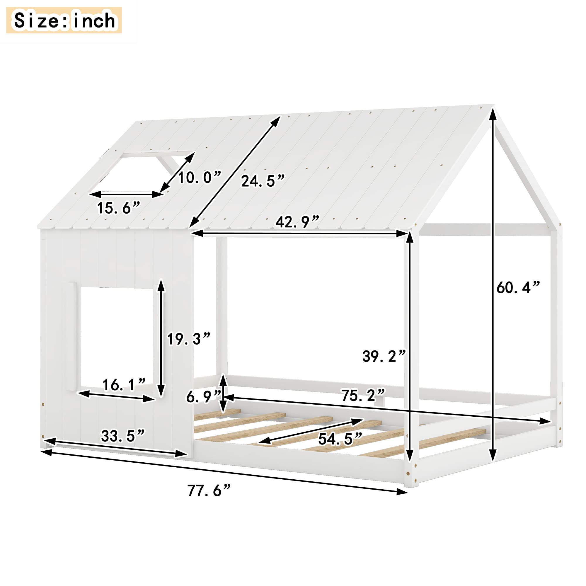 DOLPRNE Full Size House Bed,Modern Floor Bed Frame with Roof and Window,Solid Wood Platform Bed Frame for Kids Teens Girls Boys Bedrooms,White