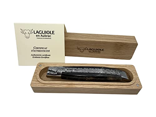 Laguiole en Aubrac Handmade Luxury Double Plated Folding Knife, 4.8-in (12cm), Blackened Poplar Wood Handle, Hand Forged, Stainless Steel Polished Bolsters