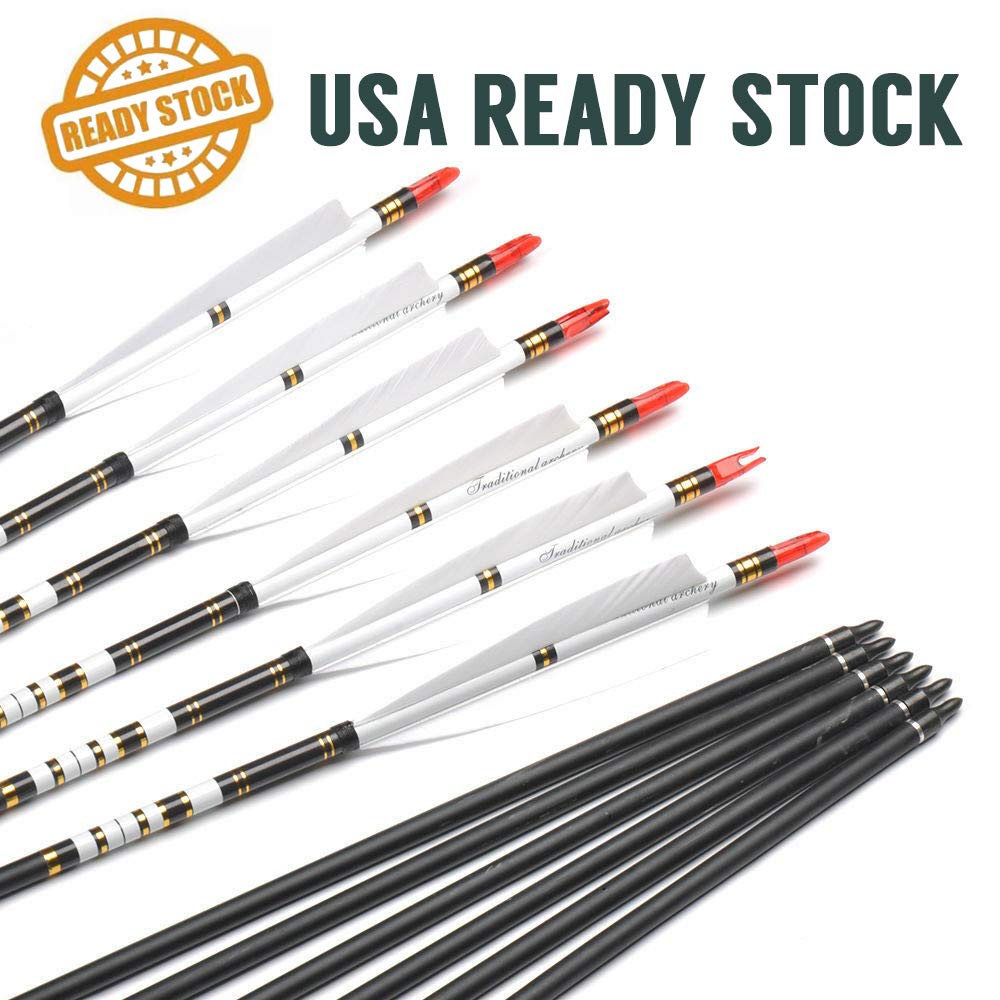 EROCK Archery Arrows 30inch Pure Carbon Arrows 500 Spine Turkey Feather Fletching Screw-in Field Points Targeting Arrows for Recurve Bow Compound Bow 12 Pack