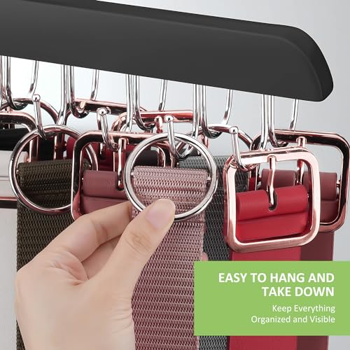 OMHOMETY Belt Hanger for Closet Max 60 Belts, Sturdy Wood Belt Organizer with 20 Hooks, Hanging Belt Rack Belt Storage Holder, Black 1 Pack