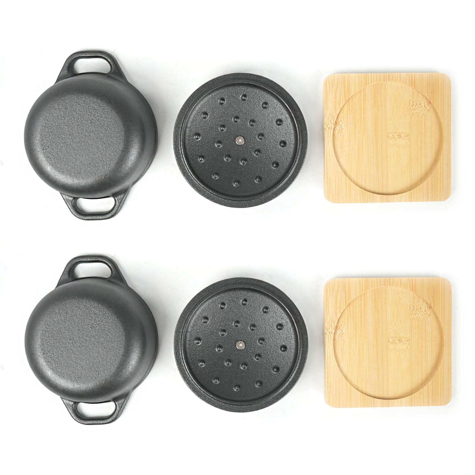Pre-seasoned Cast Iron Mini Round Cocotte Set, 0.5QT Mini Dutch Ovens with Lids and Bamboo Trays, Dia.4.8 inch, Set of 2, Black