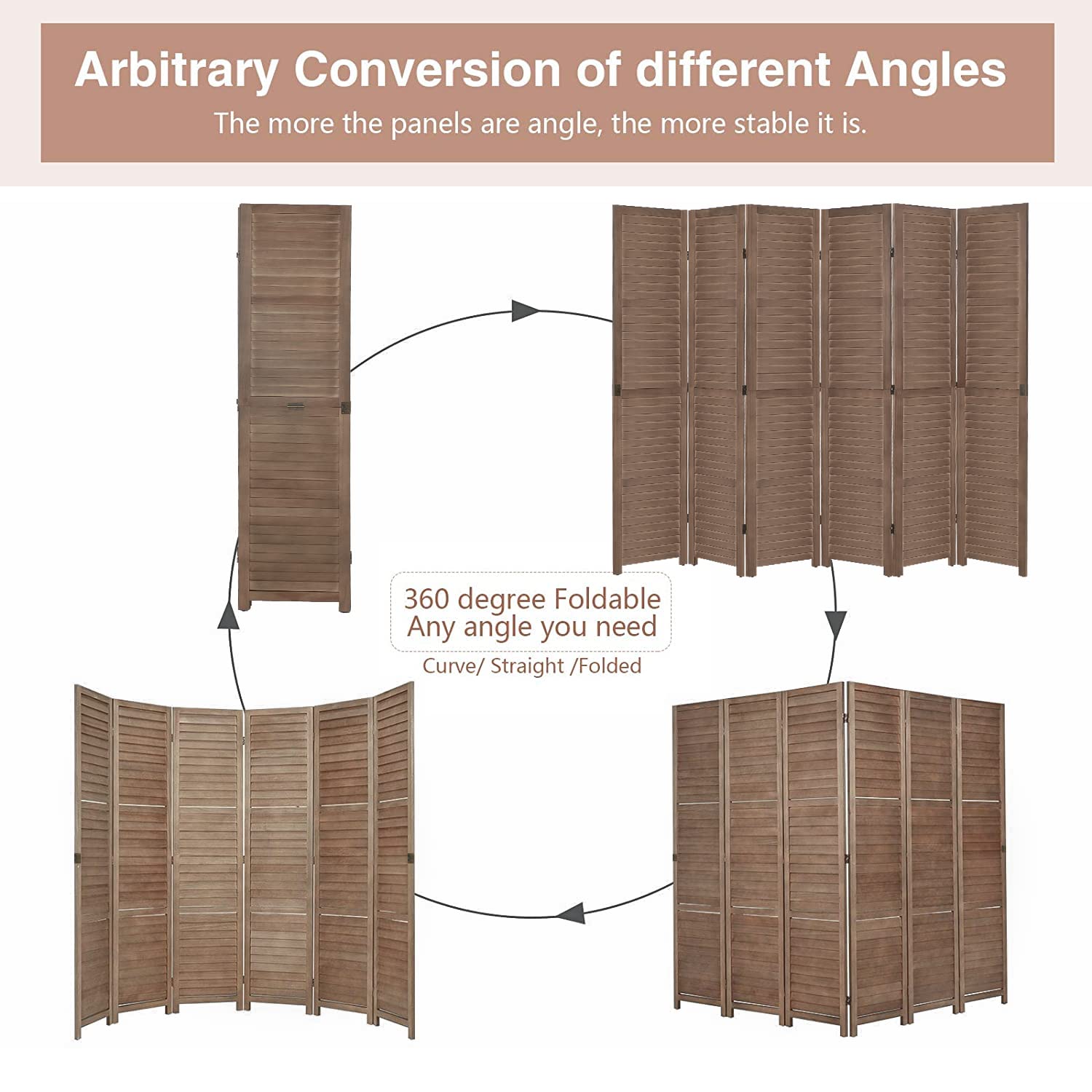 Esright 6 Panel Wood Room Divider, 5.6 Ft Tall Folding Privacy Screen Room Divider, Freestanding Partition Wall Dividers for Office,Bedroom, Brown