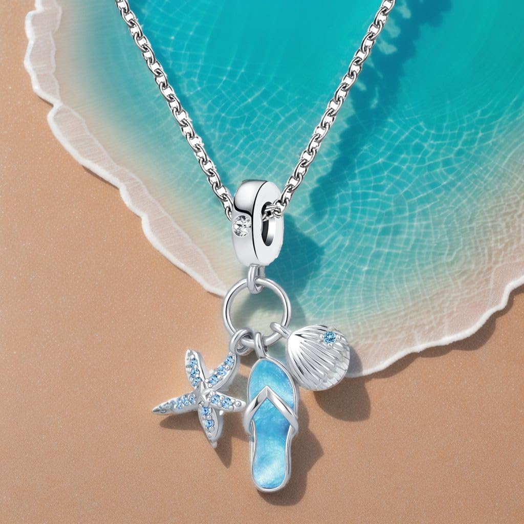 DWJSu Starfish Sea Shell Ocean Beach SlippersCharm Blue Rhinestone Dangle Bead Charm for Charms Bracelet for Girls Women, DW-DMY037