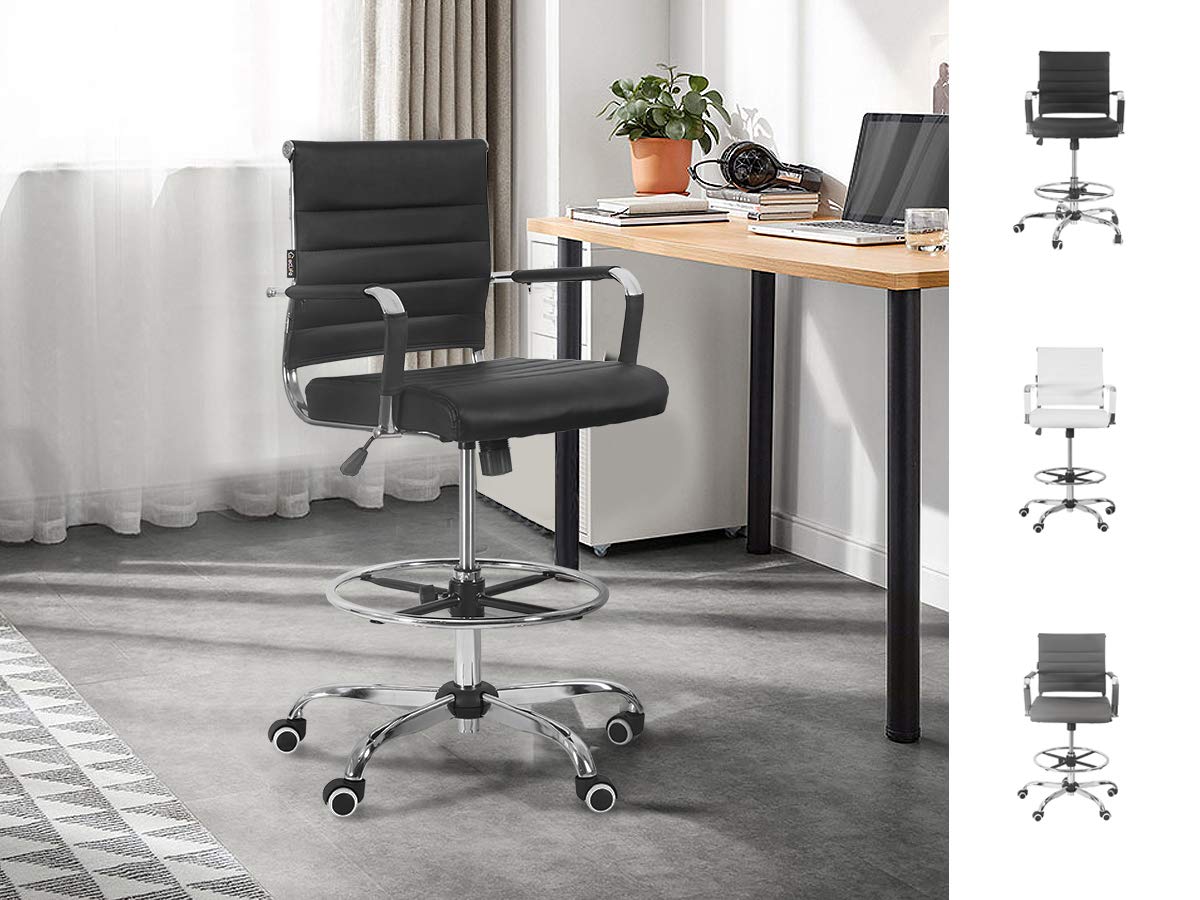 Drafting Chair Stool Office 400lbs Footrest Leather – Tall Arms Counter Adjustable Mid-Back Tilt-Tension Control Rocker Lumbar Support Swivel Rolling for Standing Desk 45"(Black, Ribbed Leather)
