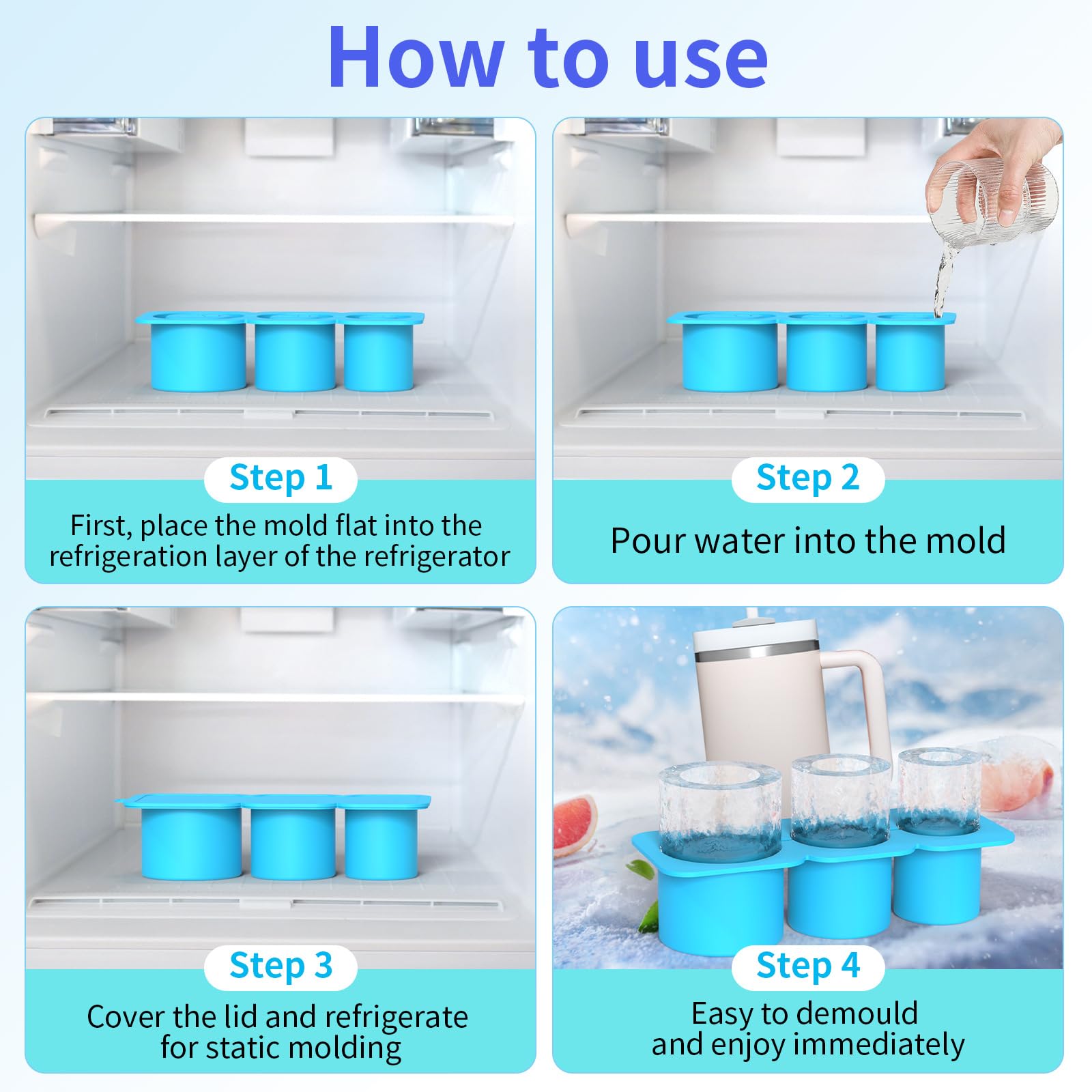 Ice Cube Tray for Cup, 3 Hollow Cylinder Ice Cube Molds, 3 in 1 Silicone Ice Cube Molds With Lid for 30-40 oz Tumbler Cup, Ice Cube Trays for Chilling Cocktails, Whiskey