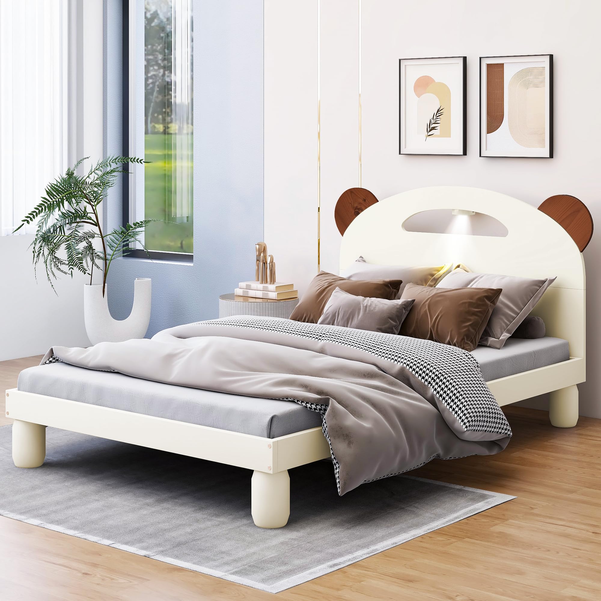 DOLPRNE Twin Size Platform Bed with Bear Ears Shaped Headboard and LED for Kids Adults Bedroom,Cream White