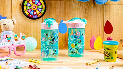 Zak Designs Kids Durable Plastic Spout Cover and Built-in Carrying Loop, Leak-Proof Water Design for Travel, (16oz, 2pc Set), Lilo and Stitch 2pk