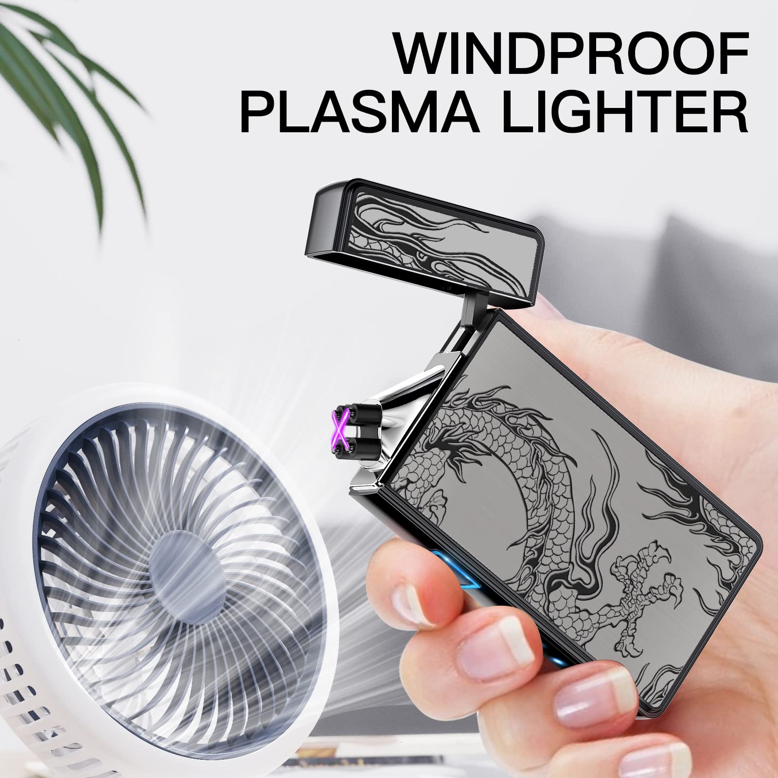 Electric Lighter, USB Rechargeable Plasma Arc Lighter, Windproof Flameless Butane Free Mini Lighter for Candles, Fireworks, Outdoor Camping Activities (Black Dragon)