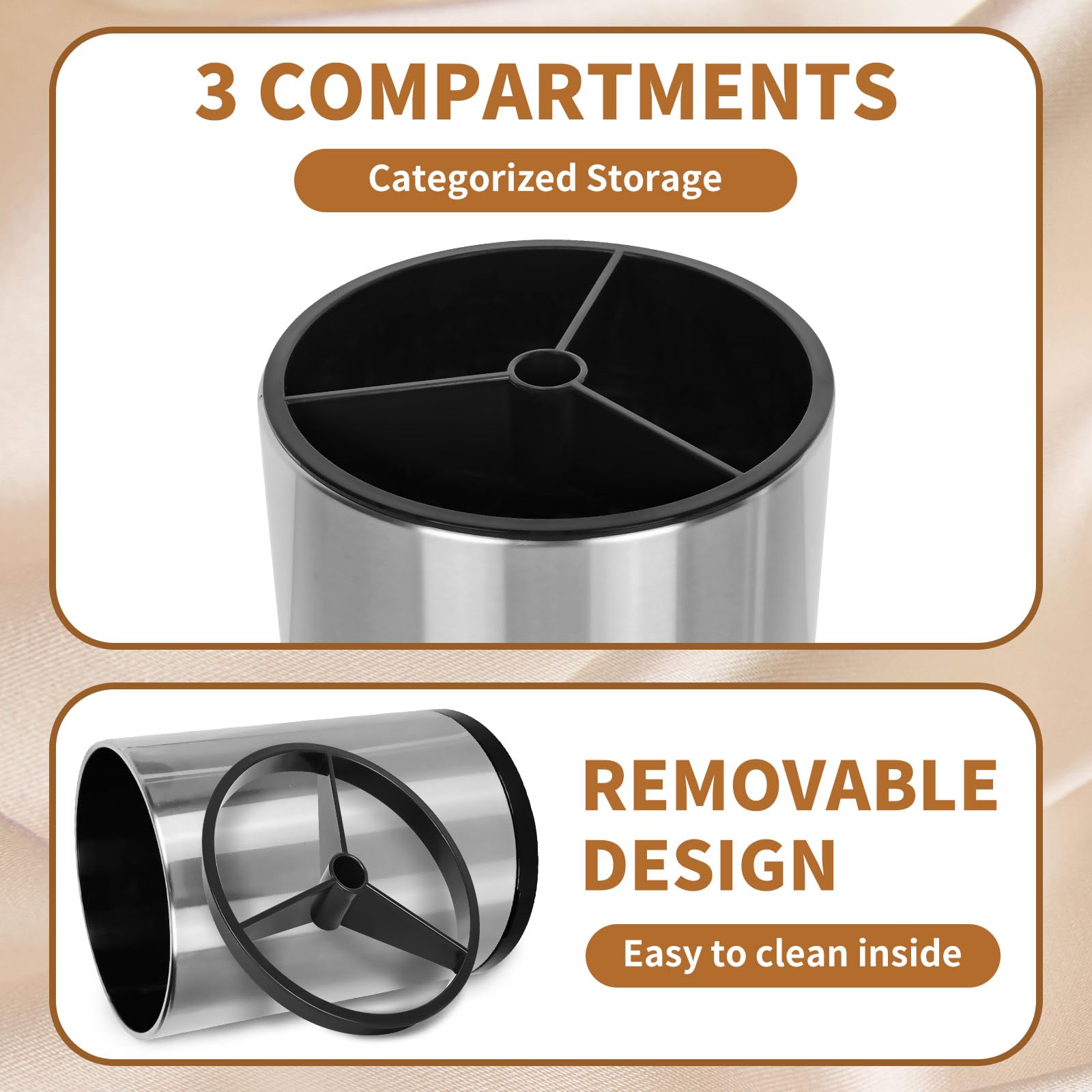 Nigelia Extra Large Kitchen Utensil Holder - 360° Rotating Stainless Steel Cooking Utensil Holder for Countertop, 3 Compartment Flatware Organizer & Utensil Caddy with Removable Base(Silvery)