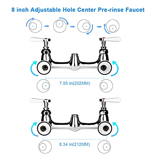 KWODE Wall Mount Commercial Sink Faucet with Pull Down Sprayer 8 Inch Center Pre-Rinse Kitchen Faucet with 21โ Height and 8โ Add-on Swivel Spout, Brass Constructed, Chrome Finish