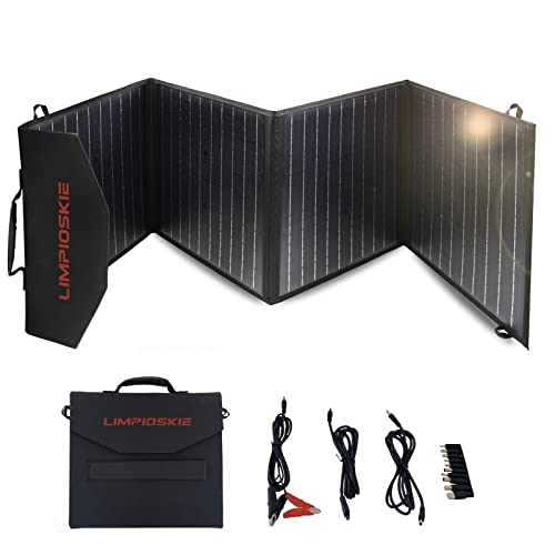 Limpioskie 100W Portable Solar Panel, 18v Foldable Solar Panel with 2 Connectors, MC4/Type-C/USB/DC Solar Panel for Laptop Tablet Phone Camera Camping Outdoors RV Black