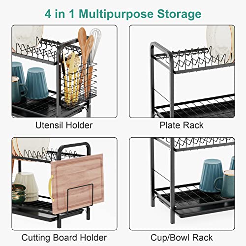 GSlife Dish Drying Rack, 2 Tier Rust-Resistant Dish Rack with Drainboard Compact Dish Drainer with Utensil Holder, Cutting Board Holder for Kitchen Counter, Black