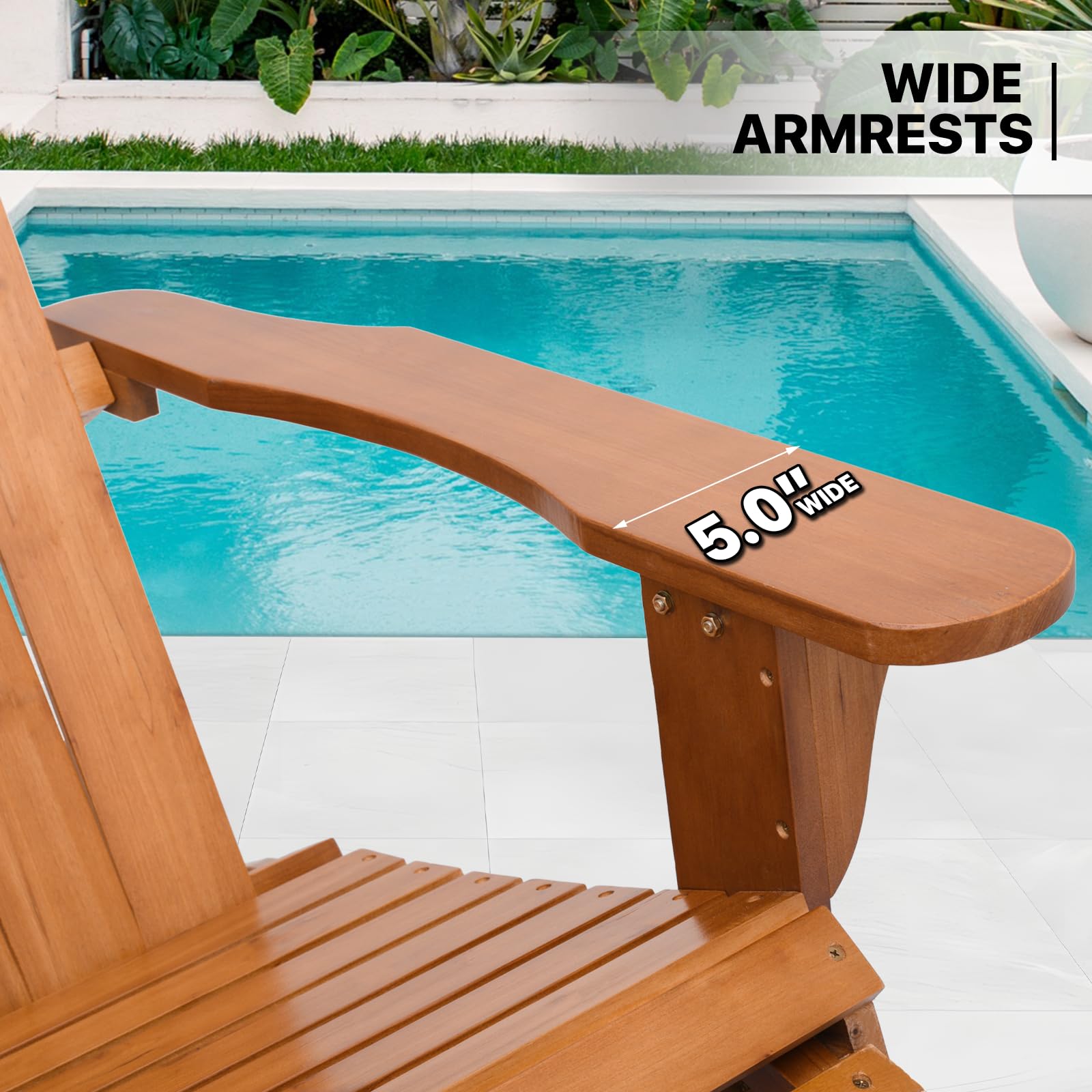 MoNiBloom Teak Adirondack Chair Set with Table & Retractable Ottoman, Outdoor Fir Wood Adirondack Chairs with Ottoman Weather Resistant, Fire Pit Chair for Deck, Garden & Backyard, 250 Lbs Capacity