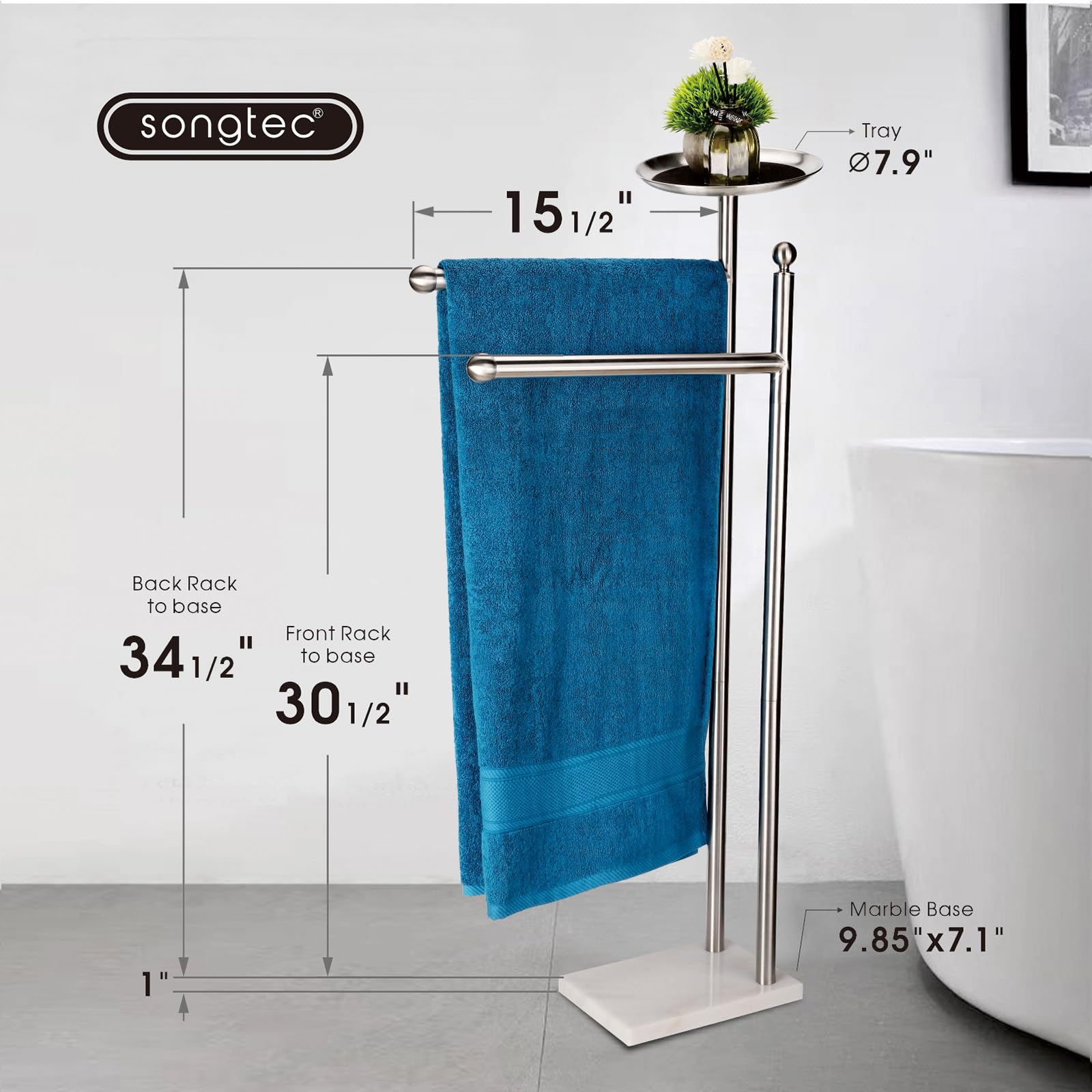 Songtec Towel Rack Stand for Bathroom, 2-Tier Towel Holder Stand for Bath Towels Max to 68β & 60β Long, Practical Shelf on Top for Phone, Shampoo, Body Wash