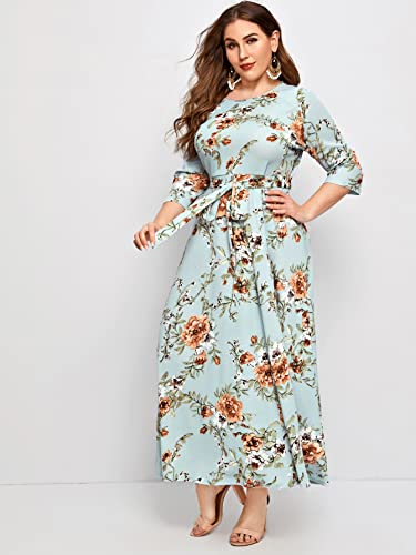 WDIRARA Women's Plus Size Floral Print Round Neck Belted A Line Flared Dress Mint Green 1XL