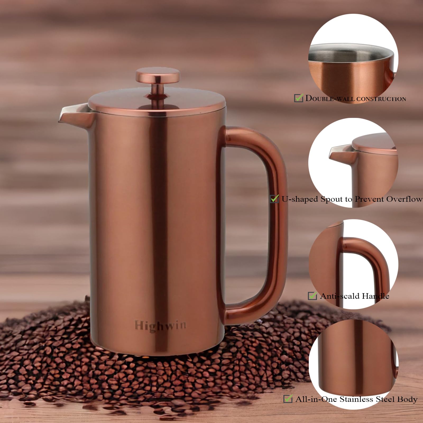 Highwin 8-Cup Double Wall Insulated Stainless Steel French Coffee Press, 32-Ounce Durable Coffee Tea Maker with Stainless Steel Plunger, Copper