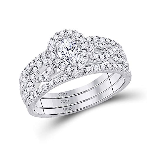 FB Jewels 14K White Gold Womens Pear Diamond 3 Piece Bridal Wedding Engagement Ring Band Set 7/8 Cttw Size 5