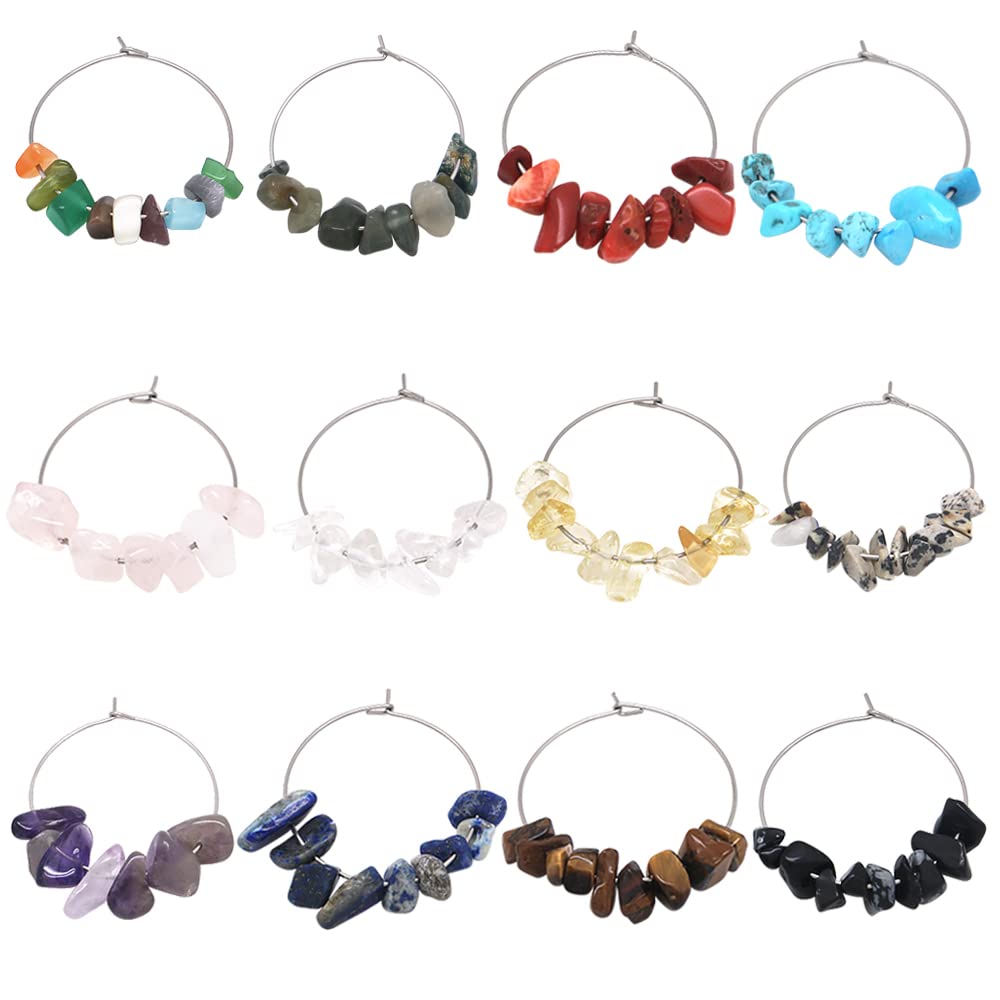 KAI Top Wine Glass Charms Markers Tags Set of 12, Gemstone Wine Charm Drink Charm Markers for Stem Glasses Holiday Birthday, Wine Bachelorette Tasting Party Favors Decorations Christmas New Year