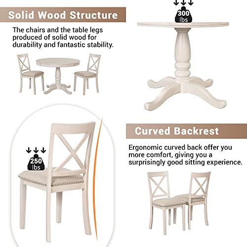 Voohek Kitchen Dining Set, 5-Piece Round Wood Table and Chair, Classic Family Furniture for Dinette, Compact Space, Antique White