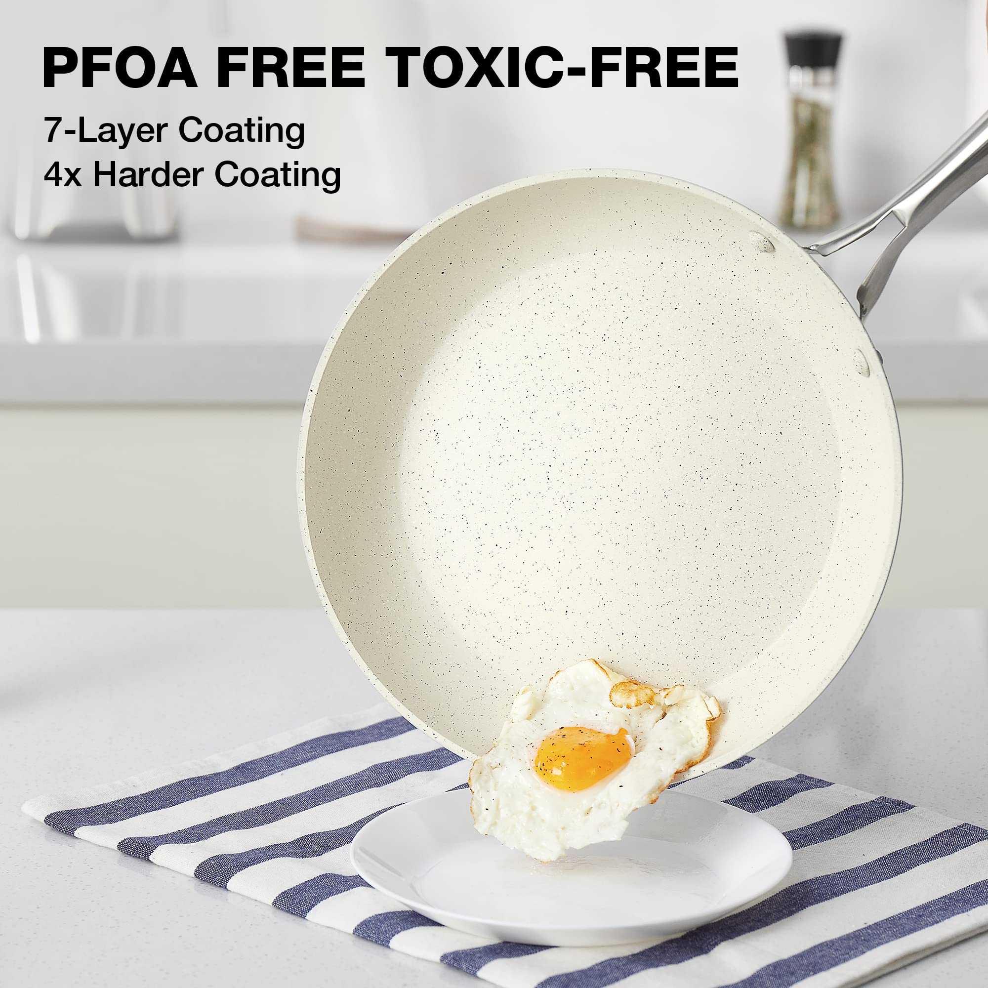 HLAFRG 12 Inch Nonstick Frying Pan with Lid, White Marble Skillet Stone-Derived Coating, APEO & PFOA Free, With Heat-Resistant Handle, Oven Safe and Induction Compatible