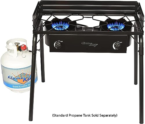 Flame King Outdoor Propane Double Dual Burner Stove 200K BTU Turkey Fryer/Camp Cooker, Portable with Stand Great for Backyard Cooking, Home Brewing & Canning