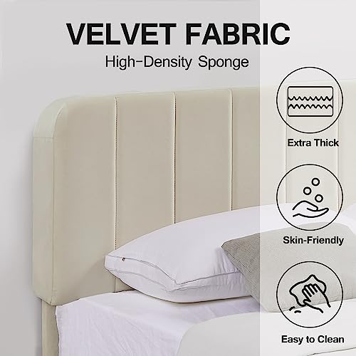 VECELO Full Size Upholstered Bed Frame with 4 Drawers and Adjustable Headboard, Velvet Platform Storage Bedframe Mattress Foundation, Wooden Slats Support, No Box Spring Needed, Beige