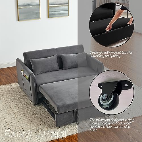 Mbolyeer 54" Modern Convertible Sleeper Sofa Bed, Velvet Loveseat Sofa Couch w/Pull-Out Bed, Seat with Adjustable Backrest, Lumbar Pillows, and Living Room Side Pockets, Gray