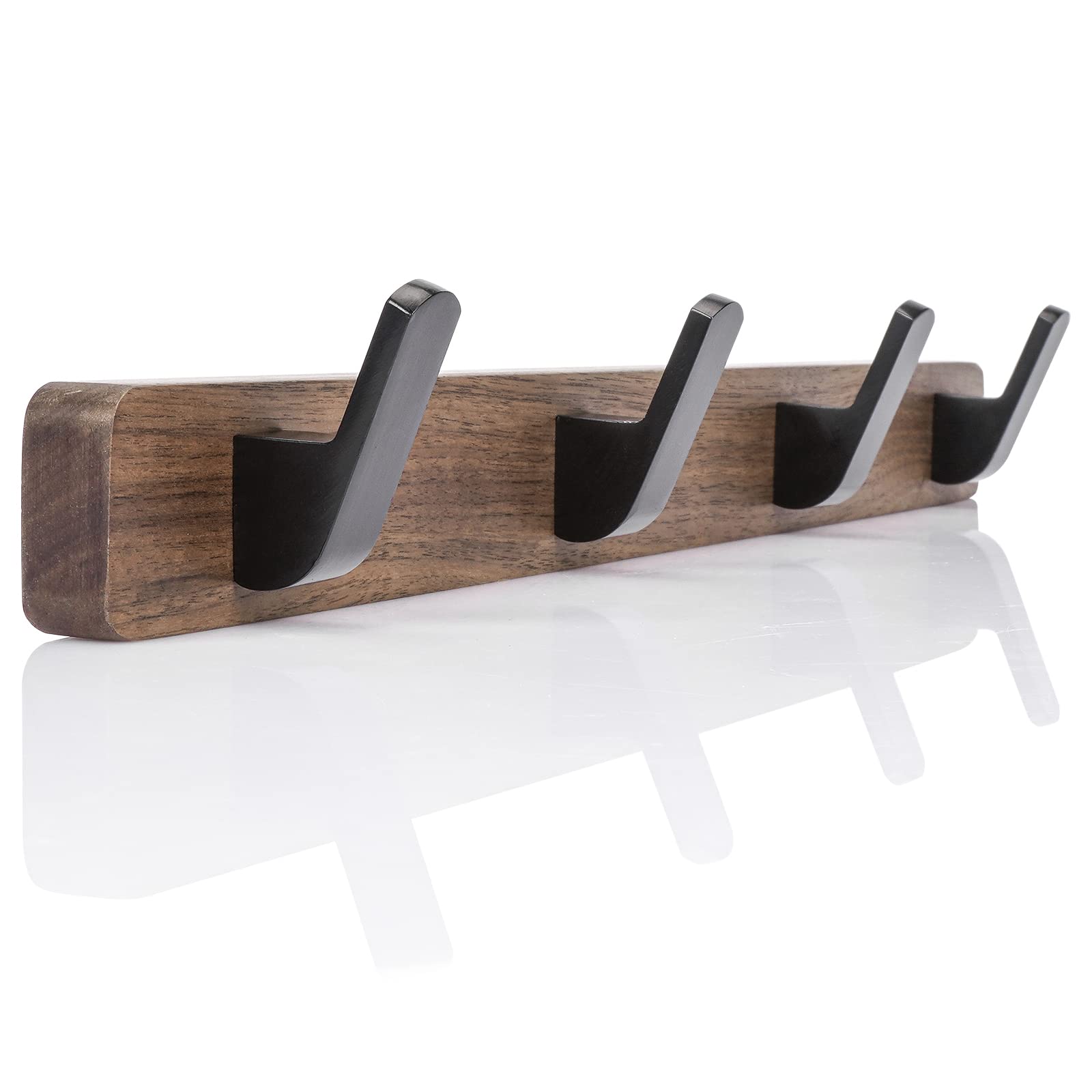 FATASTY Coat Hooks Wall Mount, Solid Walnut Wall Coat Rack with 4 Aluminum Hooks, 15.75 inches Coat Rack Wall Mount Hooks for Hanging Coats, Backpacks, Hats, Towels, Bags,etc.