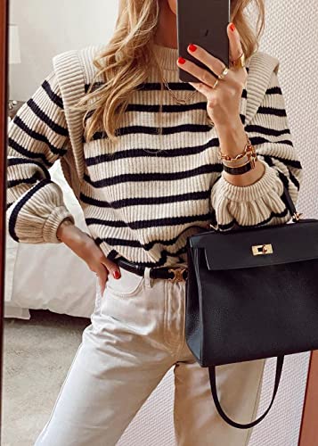 PRETTYGARDEN Women's Sweaters Casual Long Lantern Sleeve Crewneck Ribbed Knit Pullover Striped Jumper Tops Blouse (Beige Apricot,X-Large)