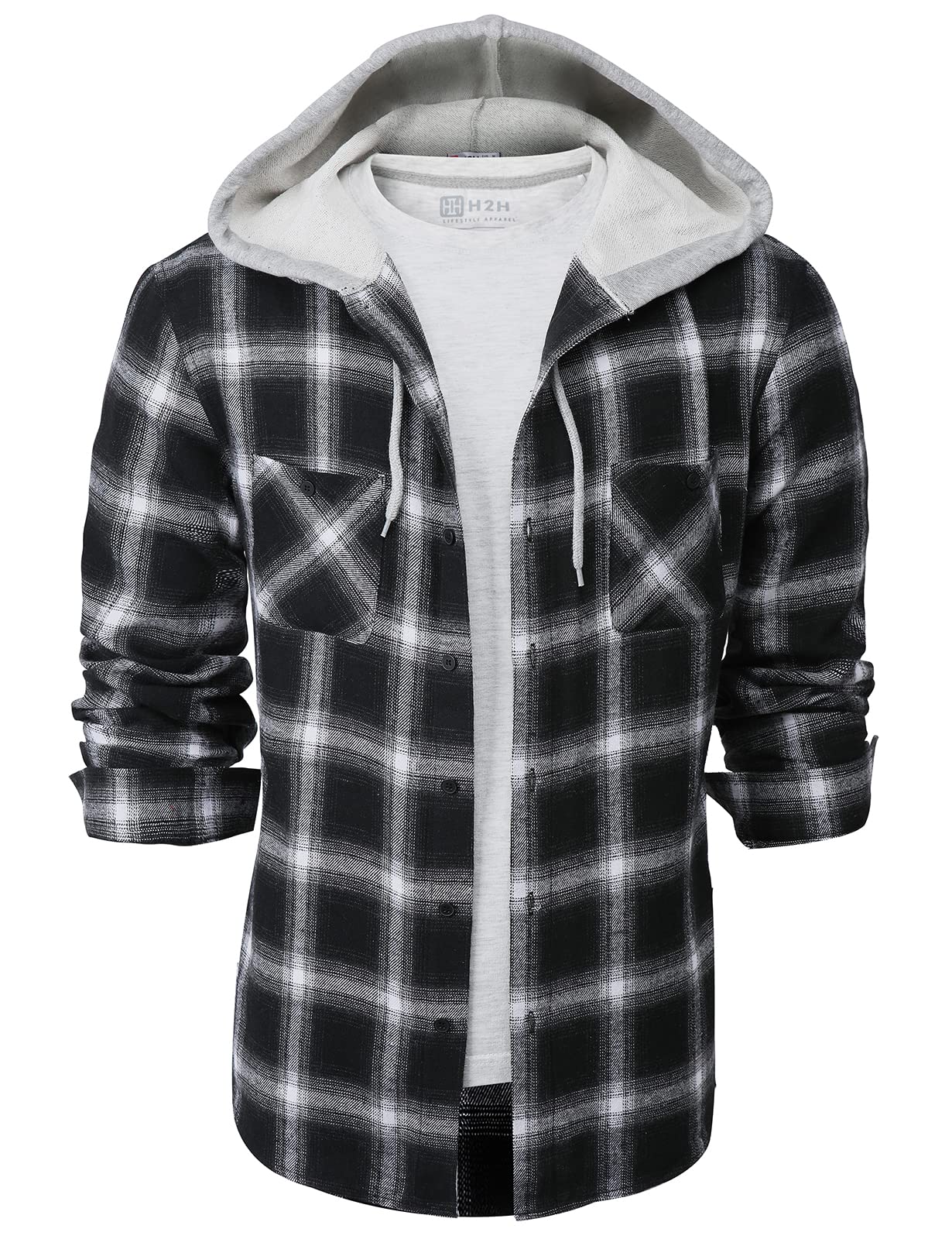 H2H Mens Casual Slim Fit Plaids Flannel Shirts Hoodie Jacket US L/Asia XL (CMOJA0105)