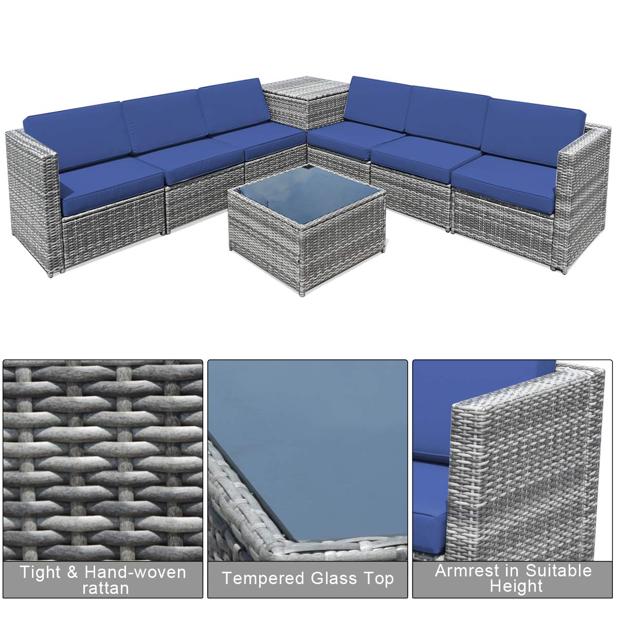 Tangkula 8 PCS Outdoor Patio Furniture Set, Rattan Wicker Sofa Set, Sectional Sofa Couch Conversation Set w/Storage Table and 12 Zippered Cushions for Garden Backyard Poolside (Navy)