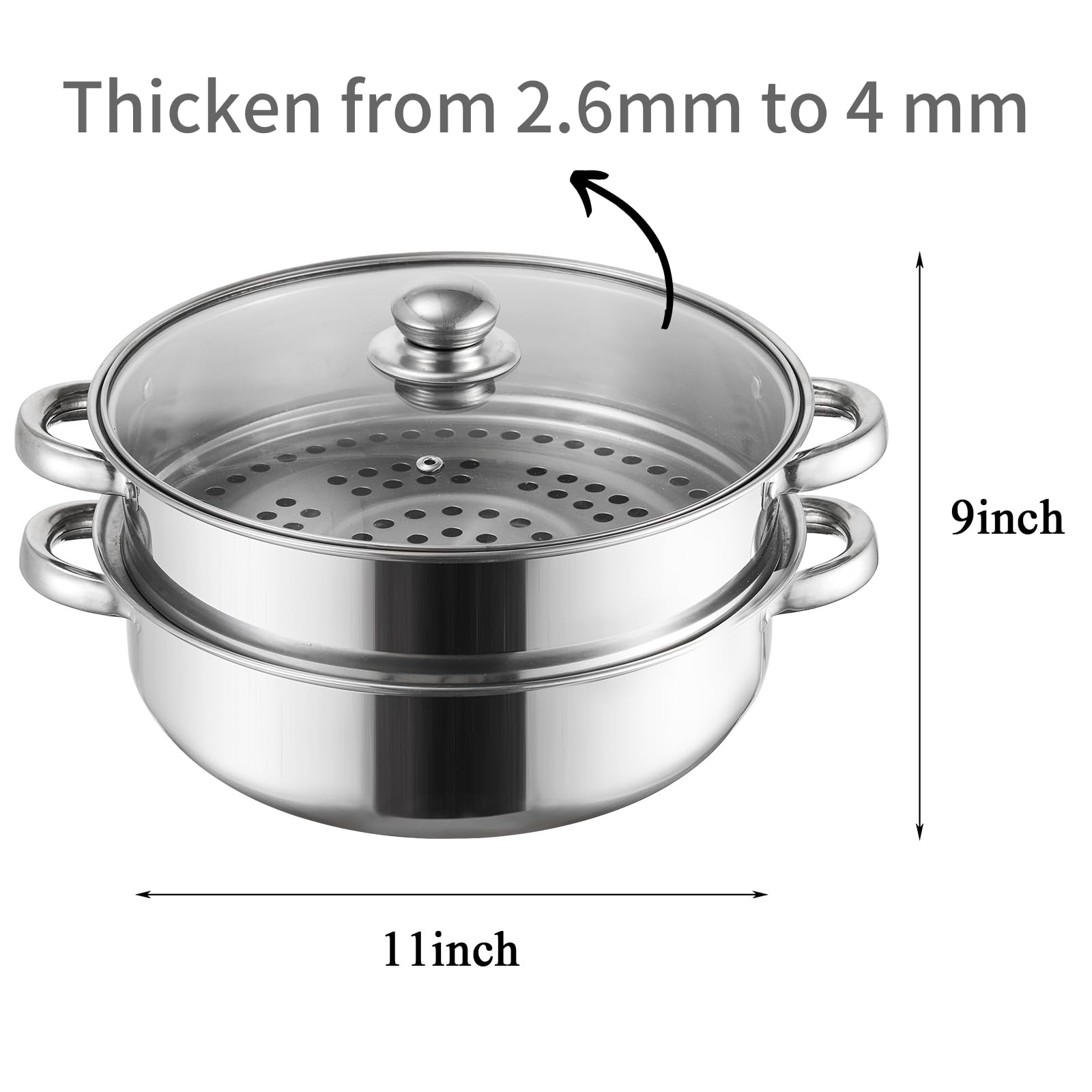 ZENFUN Steamer for Cooking, Steamer Pot with Steamer Insert, 2 Tier Stack and Steam Pot Set with Glass Lid, Stainless Steel Steamer Pot Double Handle, 11 Inch(Thickened)