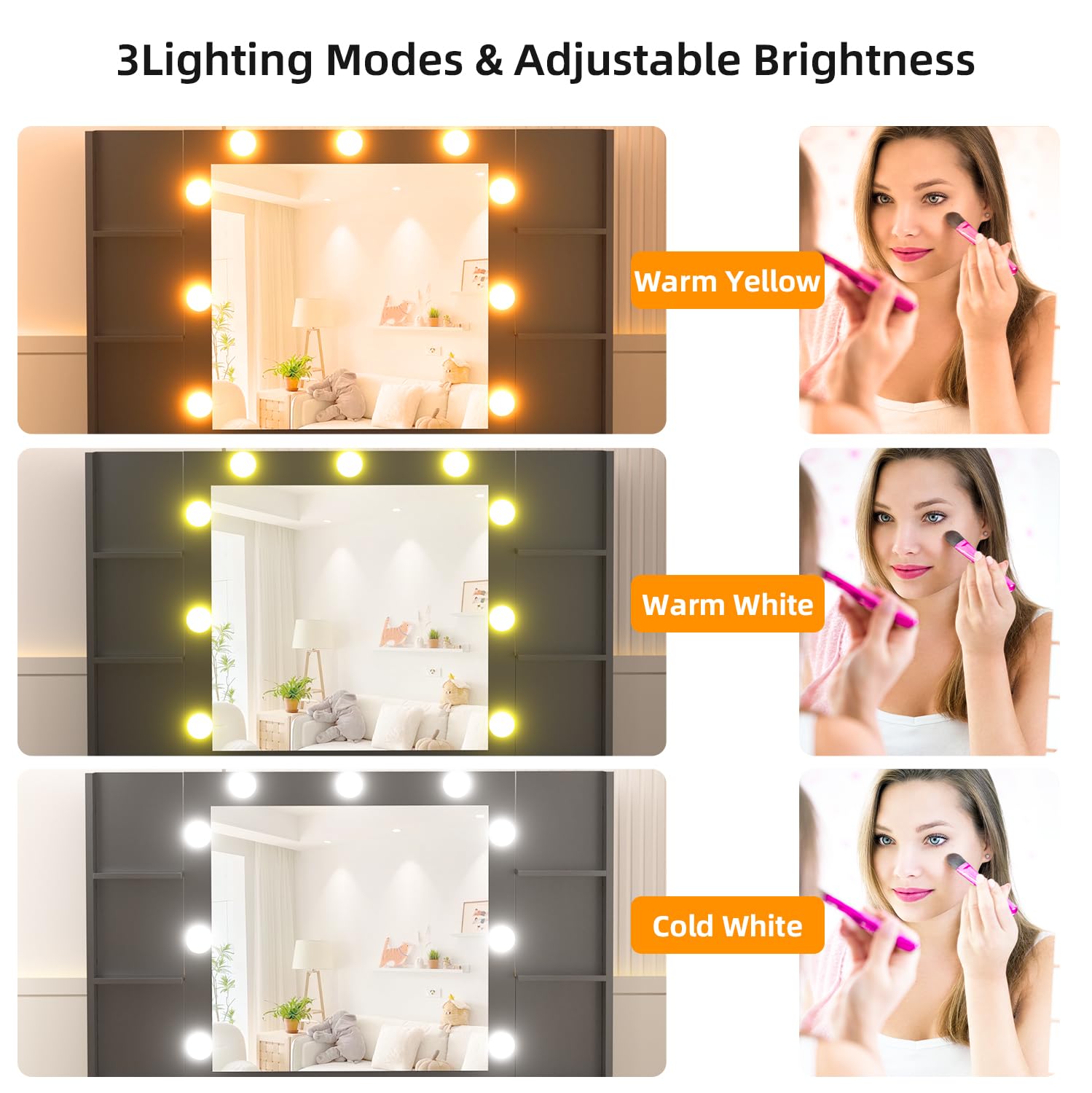 Makeup Vanity Desk with Lights, Glass Top Vanity with Charging Station, Vanity Mirror with 9 LED Lights Desk, Nightstand, Vanity Set with Storage Bench, 3 Lighting Modes Brightness Adjustable, White