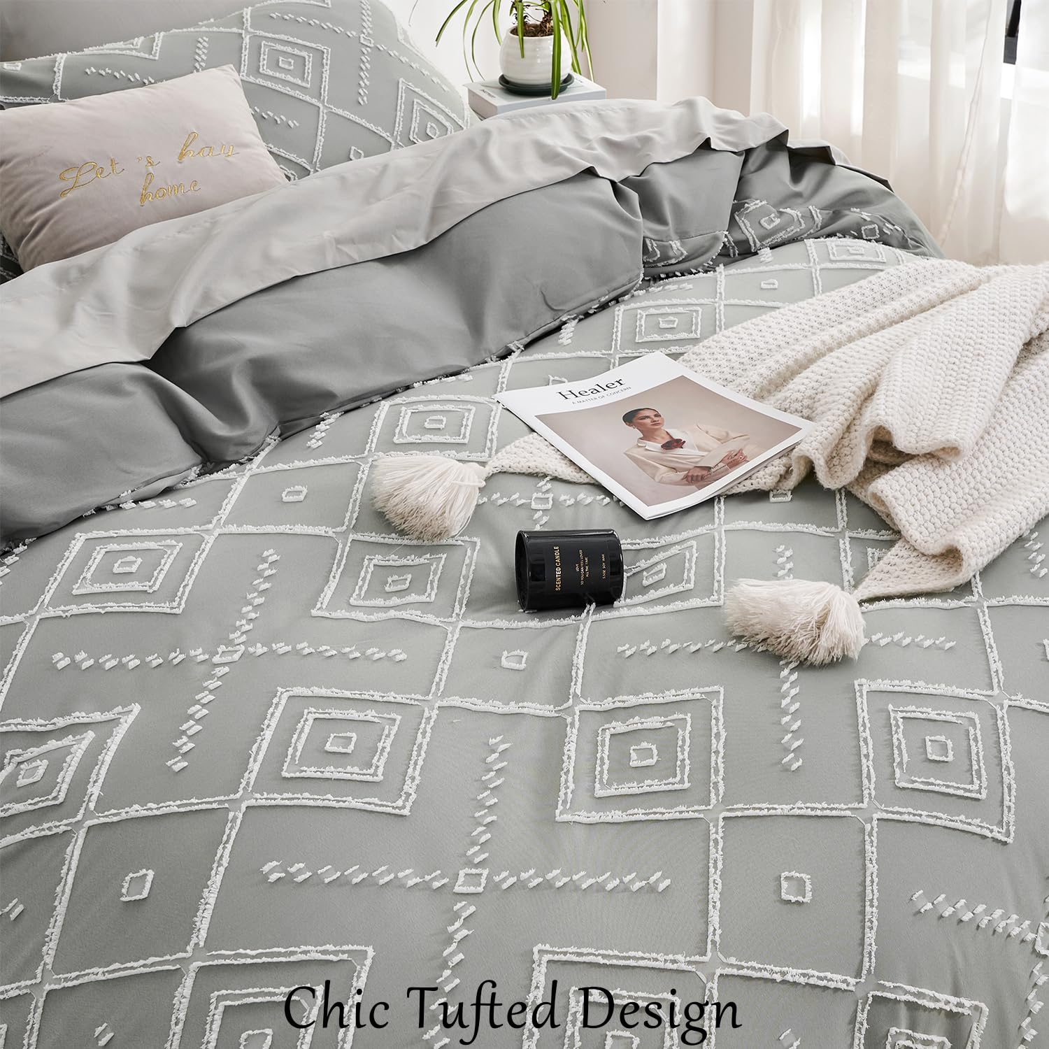 Senville Tufted Duvet Cover King Size,Jacquard Geometric Pattern,Soft Lightweight Grey Duvet Covers Set for All Seasons,3 Pieces Boho Shabby Chic Bedding Set with Zipper Closure(Light Grey,King)