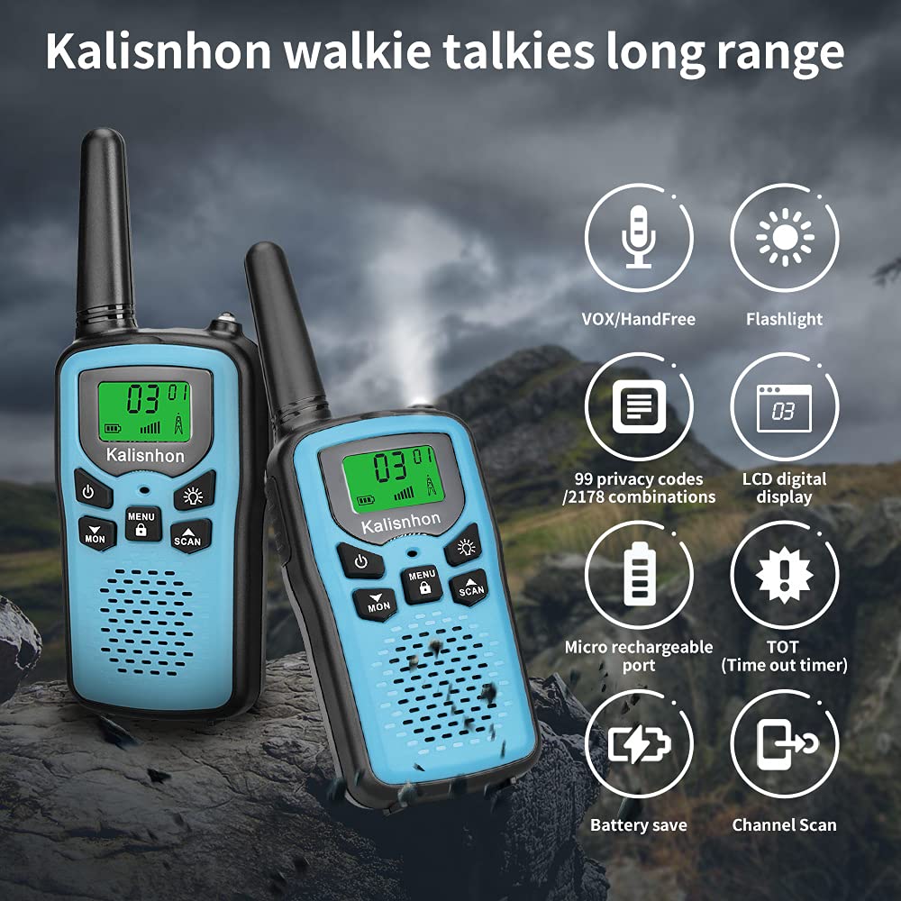 Walkie Talkies, Kalisnhon Walkie Talkies for Adults with Flashlight, walkie Talkie Long Range FRS 22 Channels VOX LCD Display Two Way radios for Cycling Camping Hiking(4 Colors Pack)