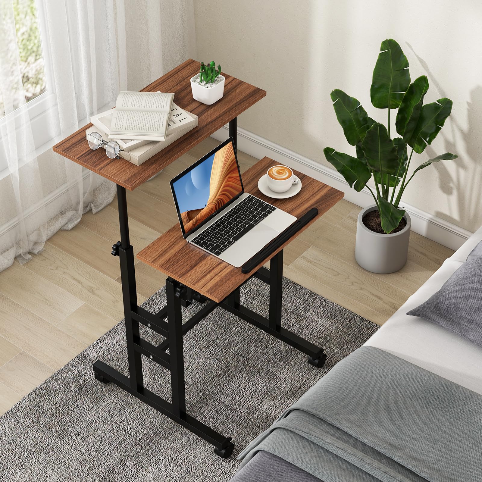 Tangkula Mobile Standing Desk, Height-Adjustable Laptop Podium Cart with Tilting Tabletop & Adjustable Angle, Rolling Stand Up Computer Desk with 2 Hanging Hooks & Lockable Casters for Home Office