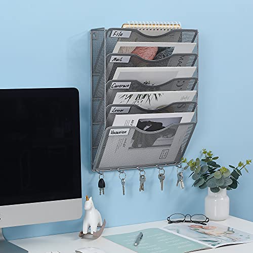 EasyPAG Wall Mount File Organizer with Key Hooks 5 Pocket Vertical Mesh Hanging Wall File Holder Magzine Paper Folders Rack for Office and Home,Silver