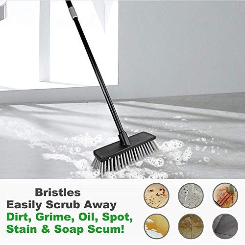 LandHope Hard Bristle Deck Broom Adjustable Long Handled Scrub Brush Heavy Duty Concrete Push Broom Outdoor Brush Garage Broom Wood Large Floor Scrubber 30-49 inch Balcony Broom