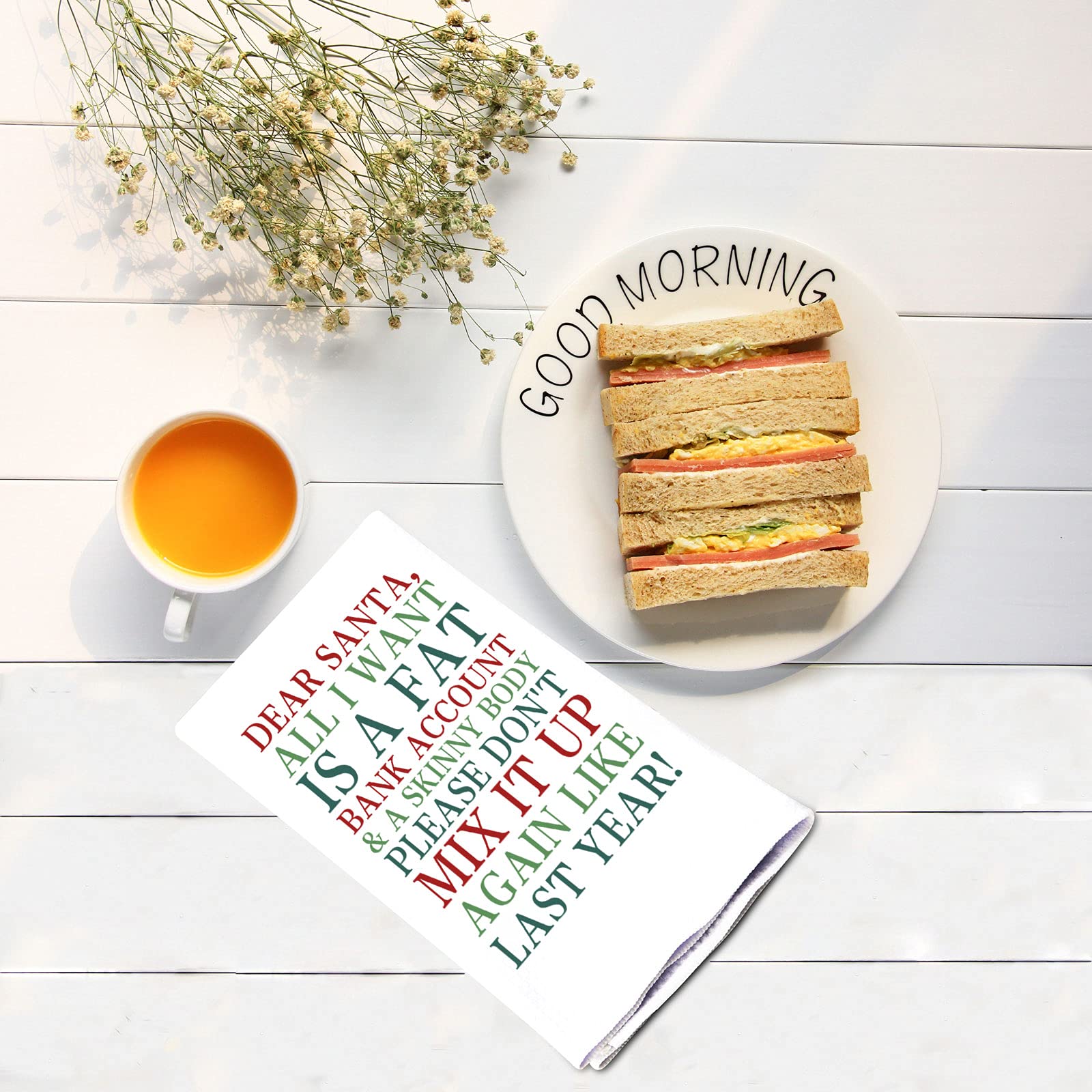 G2TUP Funny Christmas Santa Kitchen Towel, Dear Santa All I Want is A Fat Bank Account & Skinny Body Dish Towel, Christmas Decor White Hand Towel, Housewarming Gift (Dear Santa KT)