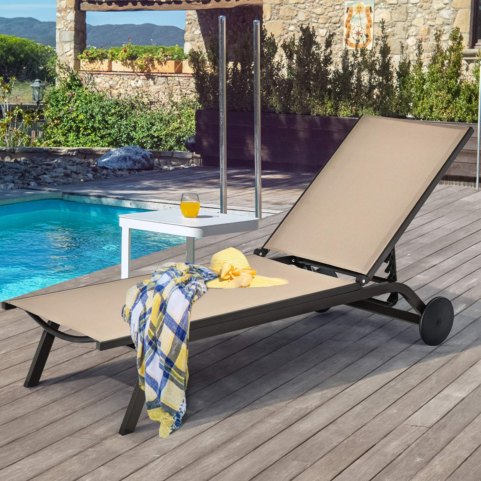 Tangkula Outdoor Aluminum Chaise Lounge, Patio Lounge Recliner Chair w/6 Adjustable Backrest, Reclining Chaise Chair with Wheels for Beach, Yard, Balcony, Poolside (2, Brown)