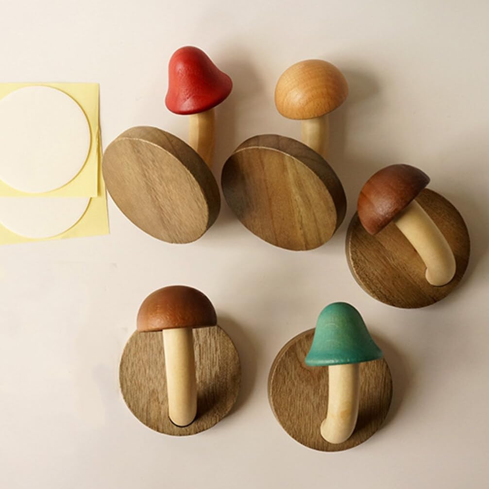 PRETYZOOM Mushroom Wall Hooks: 4pcs Wooden Mushroom Wall Hanging Hook, No Punching Wall Hanger, Decorative Wall Hook Hooks for Hanging Towels Hat Coat