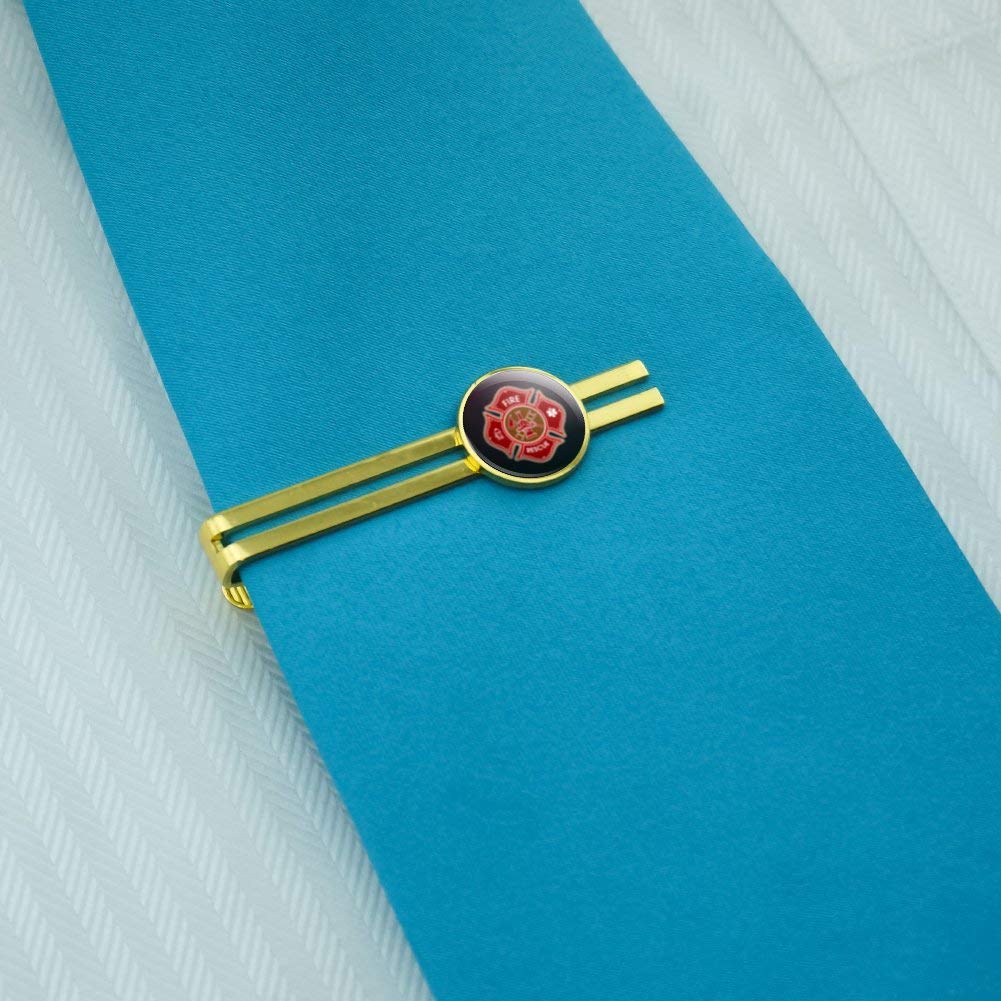 Firefighter Fire Rescue Maltese Cross Round Tie Bar Clip Clasp Tack Gold Color Plated