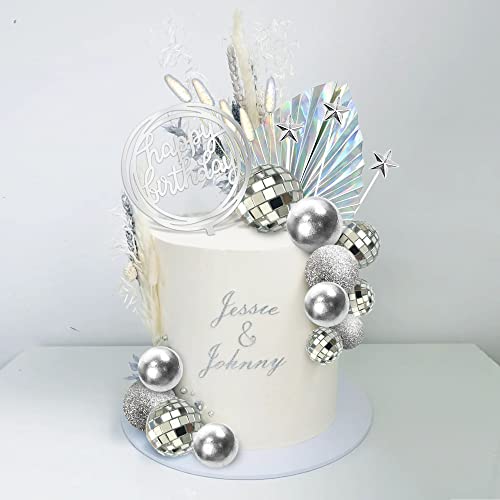 Disco Balls Cake Toppers Mirror Balls with Boho Stars Cake Decorations for 70s 80s Disco Dance Party Saturday Night Fever Supplies (Silver)