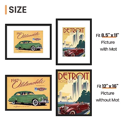 upsimples 12x16 Picture Frame, Display Pictures 8.5x11 with Mat or 12x16 Without Mat, Wall Hanging Photo Frame, Black, 1 Pack