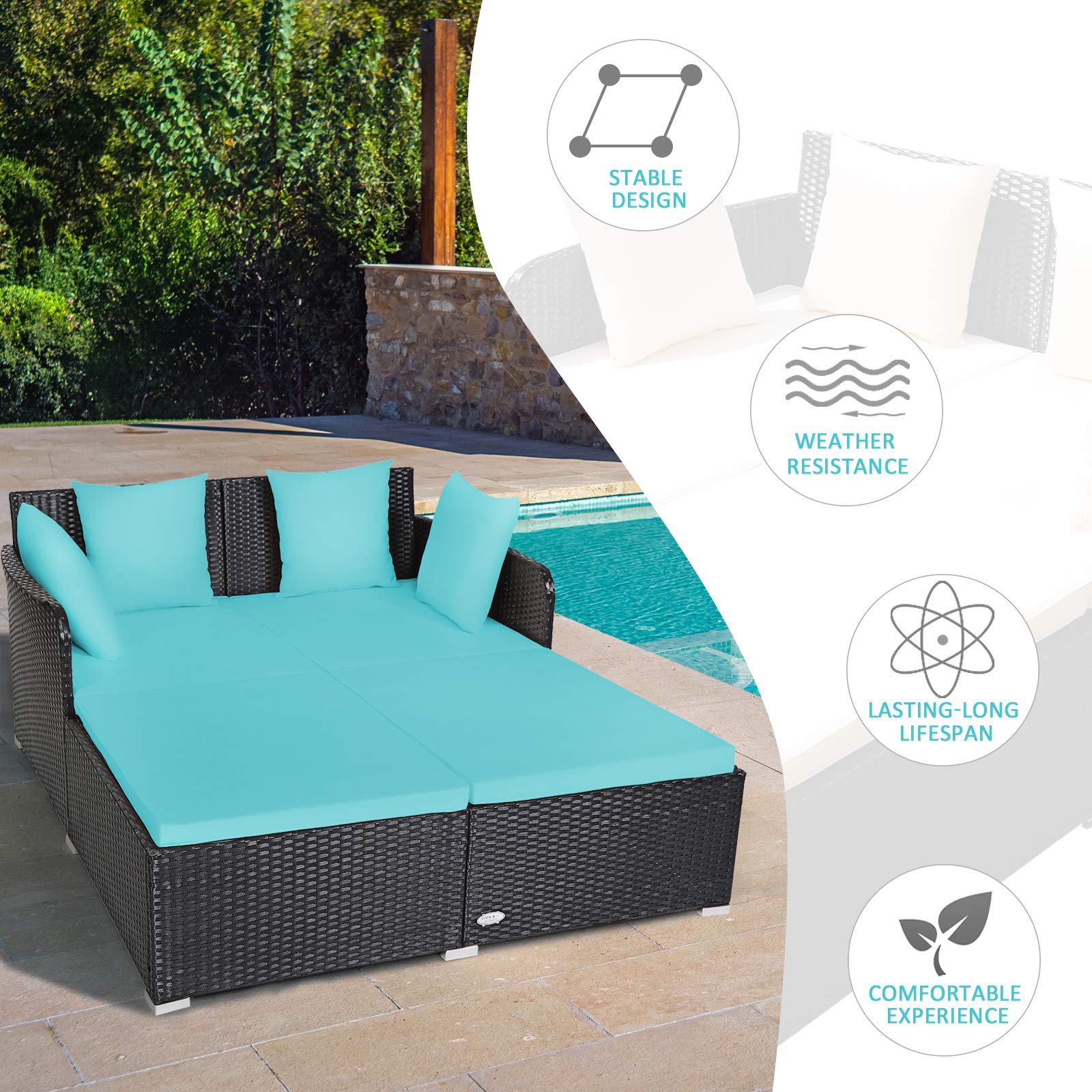 Tangkula Outdoor Rattan Daybed, Sunbed Wicker Furniture w/Spacious Seat, Upholstered Cushion & High-Resilience Sponge, Wicker Patio Sofa Set w/Extra Pillows for Courtyard Poolside(Turquoise)