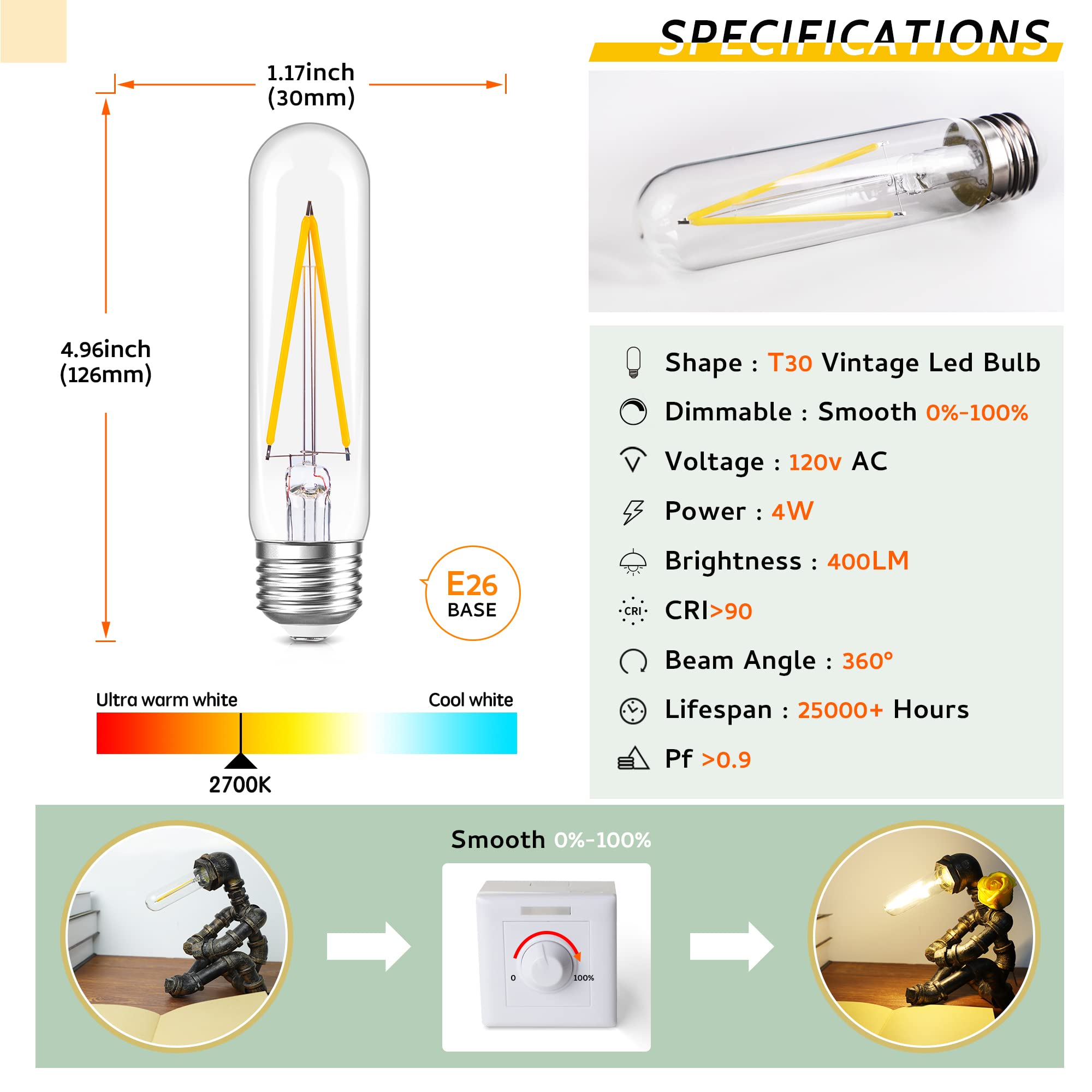 Sphoon Dimmable Tubular Led Bulb E26 led Light Bulb,T10 T30 Vintage LED Bulbs, 40 watt Equal 4W, 2700K Warm White Light Edison Lights Bulbs, AC120V, 400lm, for Chandelier Pendant Lights- 2 Pack