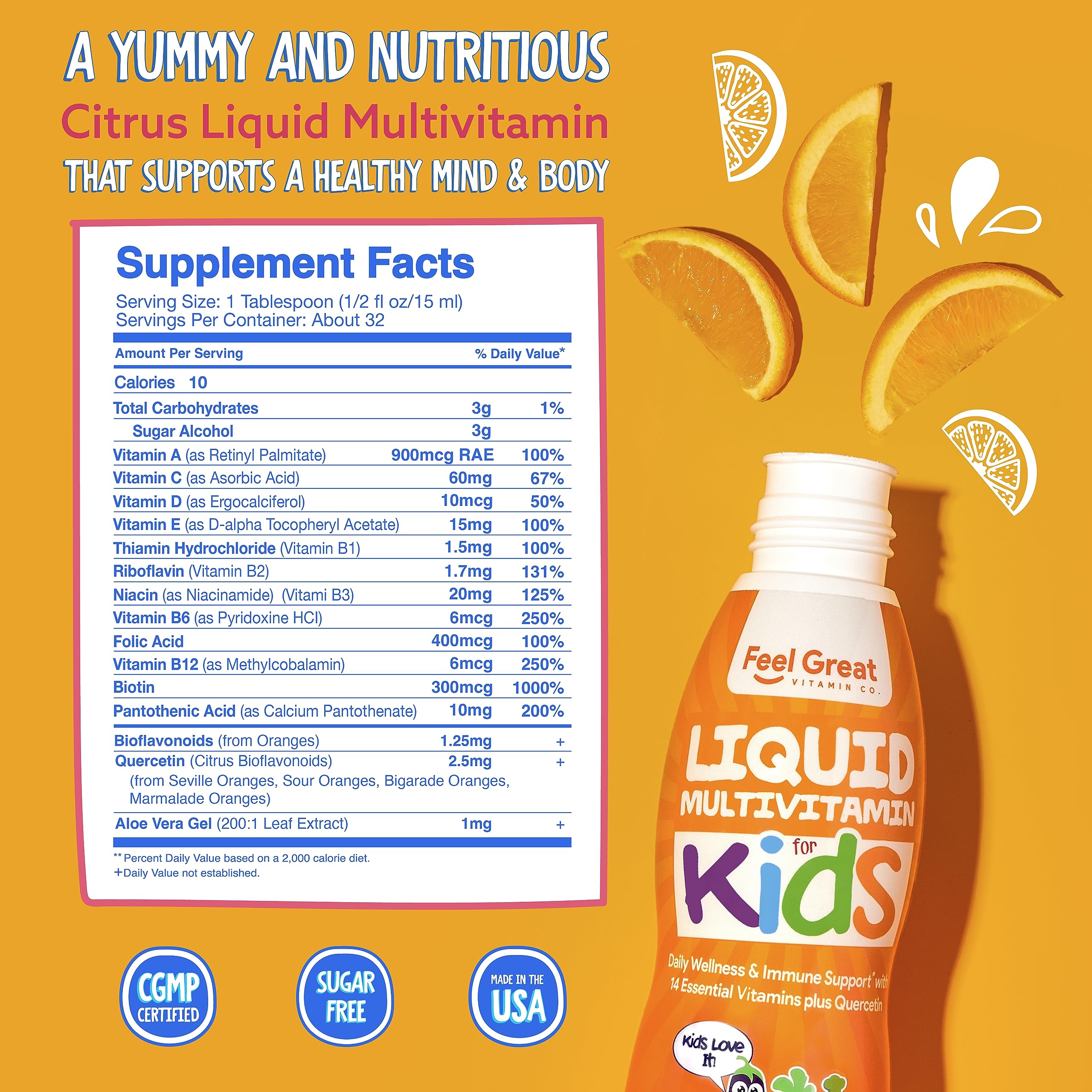 Feel Great Liquid Multivitamin for Kids | Orange Flavored Vegetarian & Sugar Free Kids Liquid Vitamin | Essential Kids Vitamins & Immune Support for Kids | 30 Day Supply