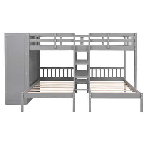 RORIGAT Twin&Twin Triple Bunk Bed with Large Wardrobe, Drawers and Shelves Storage, Wooden L-Shaped Bunkbed Frame w/Mirror for 3 Kids Teens Adults Bedroom, Full/Twin/Twin,Gray